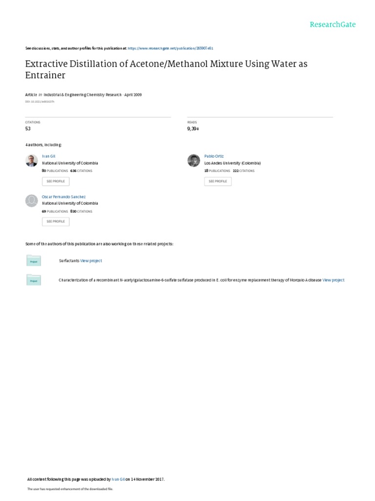 Extractive Distillation of Acetone/Methanol Mixture Using Water As ...