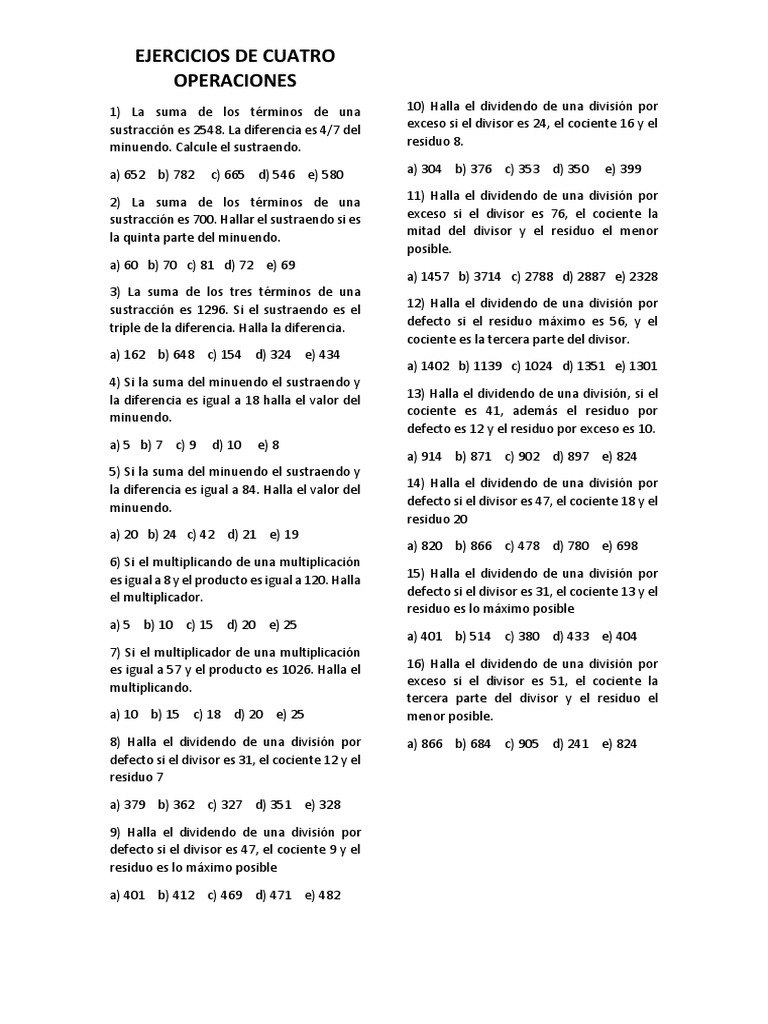 Ejercicios de Cuatro Operaciones | PDF | División (Matemáticas ...