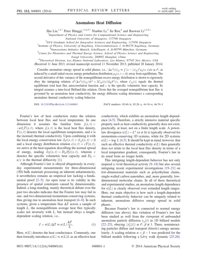 PRL 112 040601 AnomalousHeatDiffusion | PDF | Heat | Thermal Conduction