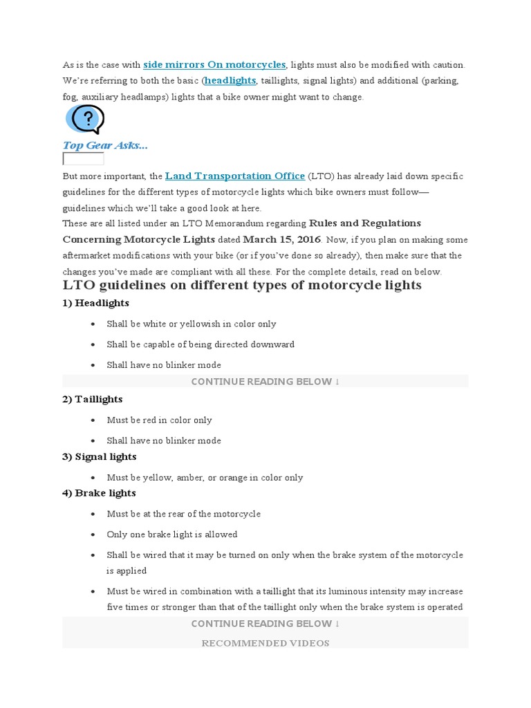 Lto Guidelines On LED Lights | PDF | Headlamp | Light