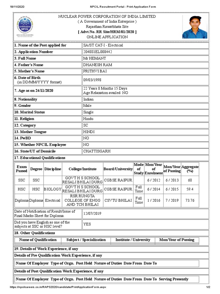 NPCIL Recruitment Application Form | PDF