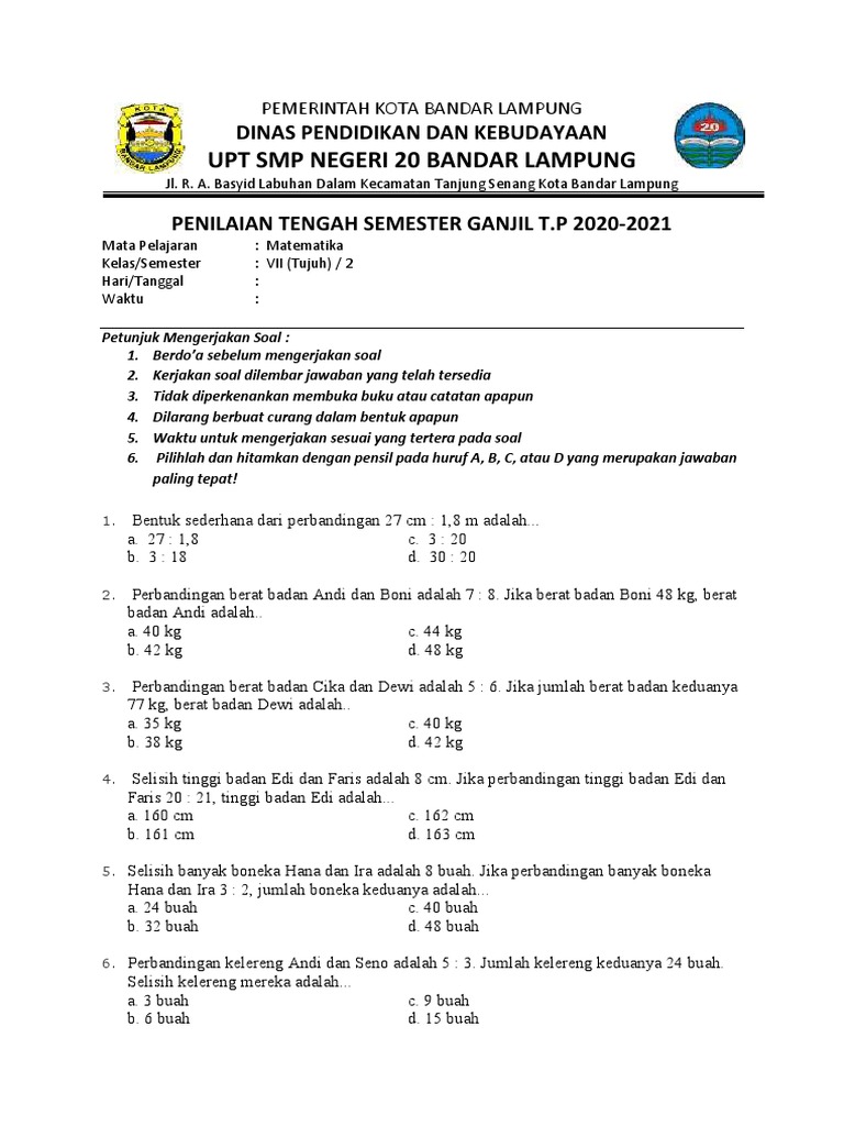 PTS Matematika Kelas Vii | PDF