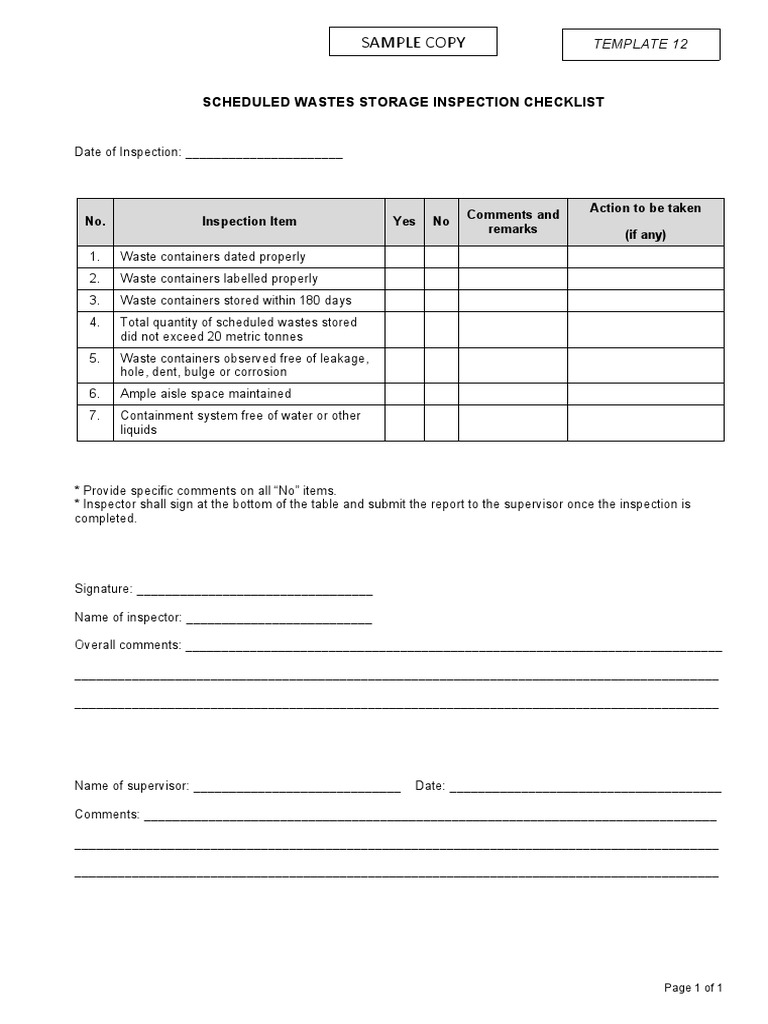 Checklist - Scheduled Wastes Storage | PDF