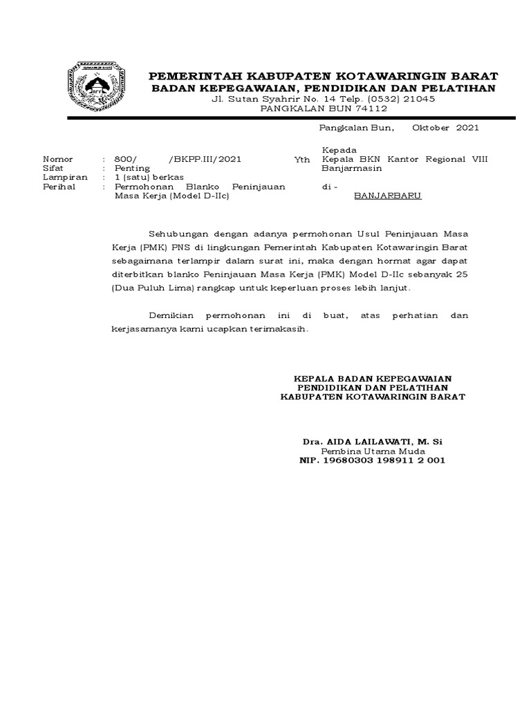 Surat Kepala BKPP Untuk BKN Perihal Permohonan Blanko PMK | PDF