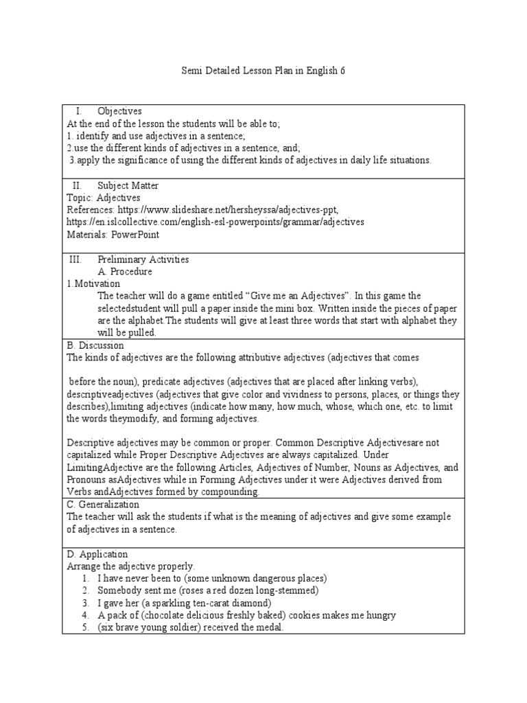 Semi Detailed Lesson Plan in English 6 | PDF | Adjective | Verb