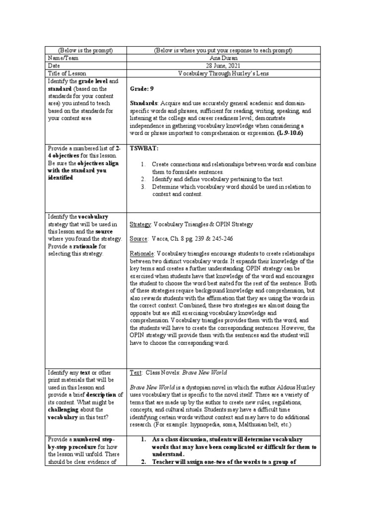 Lesson Plan Two | PDF | Reading Comprehension | Vocabulary