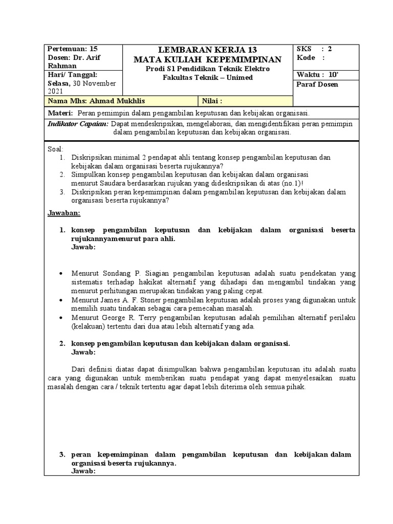 LK 13 Kepemimpinan (Ahmad Mukhlis) | PDF