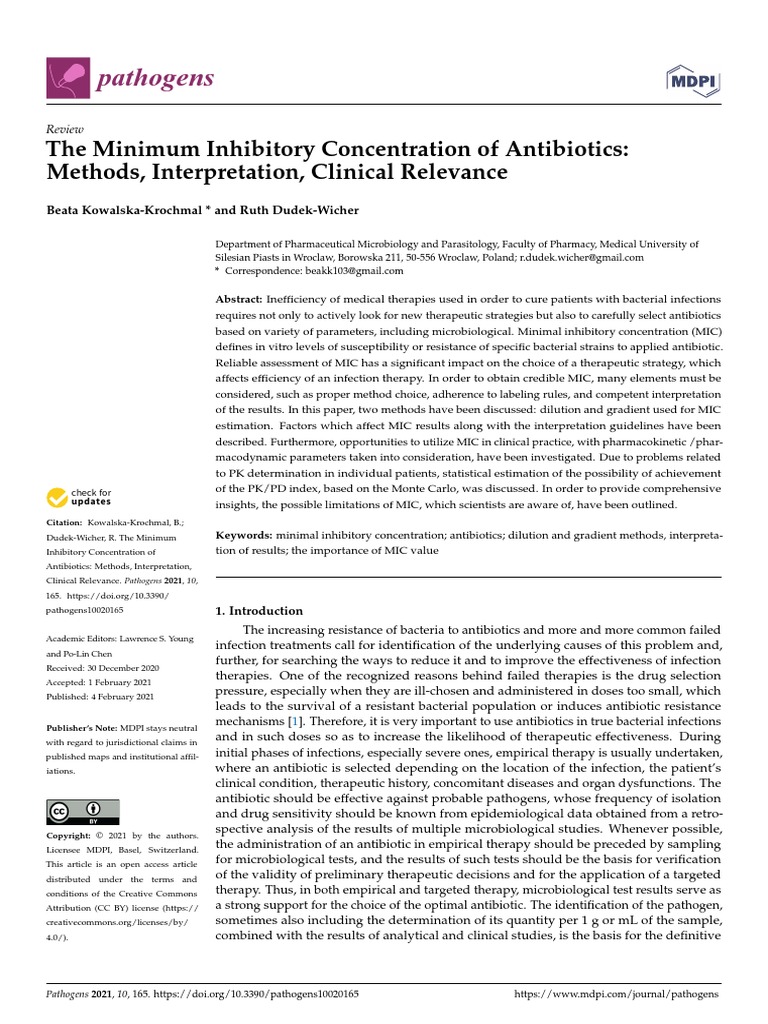 Pathogens: The Minimum Inhibitory Concentration of Antibiotics: Methods ...