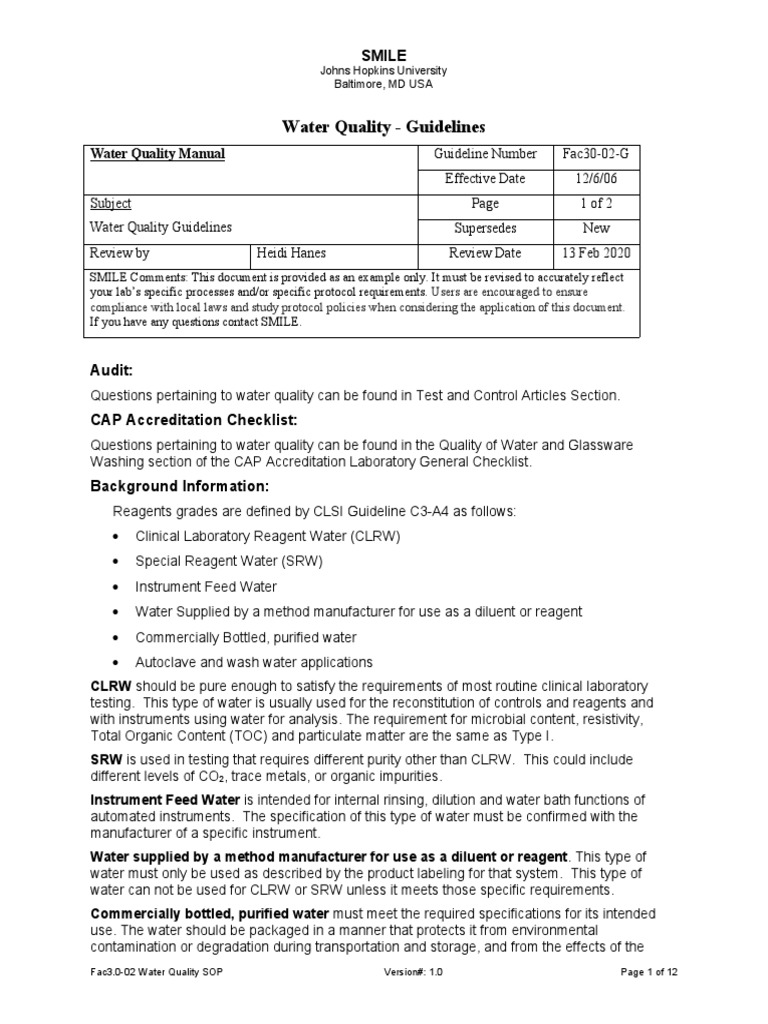 Water Quality - Guidelines: Smile | PDF | Medical Laboratory | Purified ...