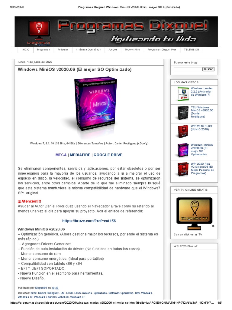 Programas Dixguel - Windows MiniOS v2020.06 (El Mejor SO Optimizado) | PDF | Microsoft Windows ...