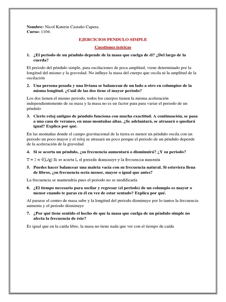 TAREA No 2 - EJERCICIOS DE PÉNDULO SIMPLE. | PDF | Péndulo | Masa
