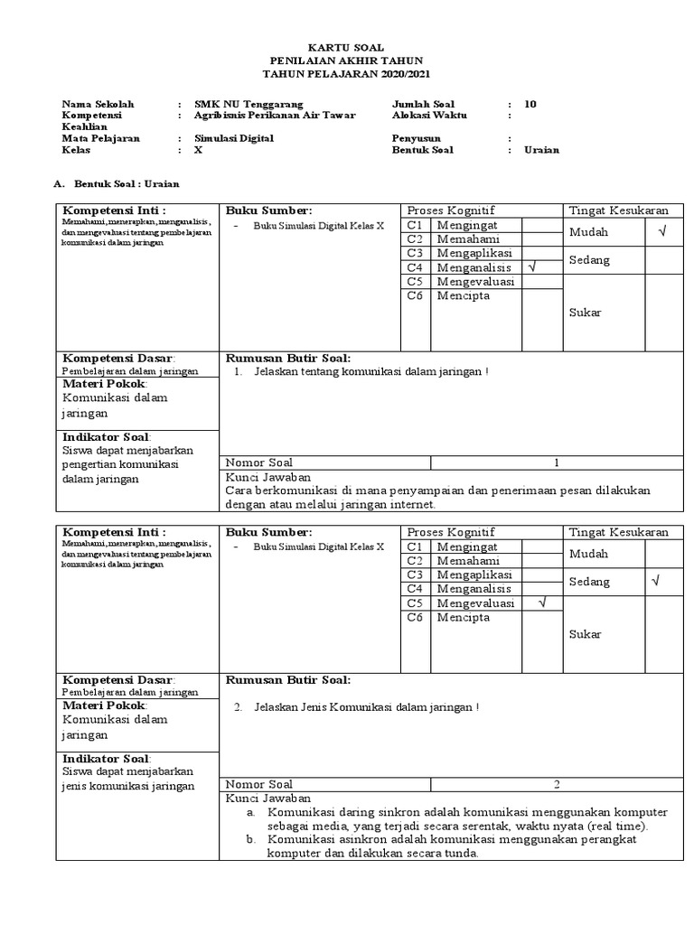 Kartu Soal Simulasi Digital Kelas X | PDF