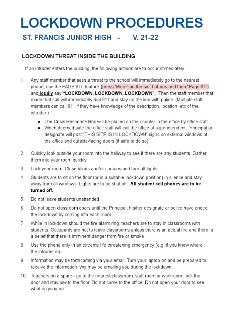 Lockdown Procedures 2021-22 Revised | PDF | Classroom
