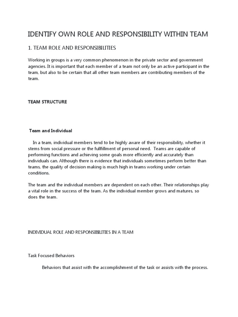 Identify Own Role and Responsibility Within Team | PDF | Career ...