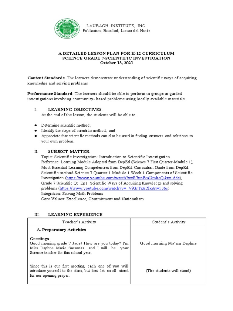 Detailed Lesson Plan Format | PDF | Experiment | Hypothesis