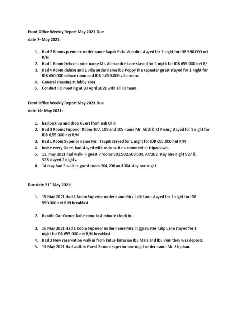 Front Office Weekly Report | PDF