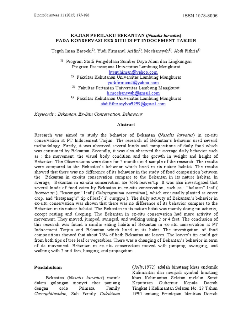 KAJIAN PERILAKU BEKANTAN (Nasalis Larvatus) Pada Konservasi Eks Situ Di ...
