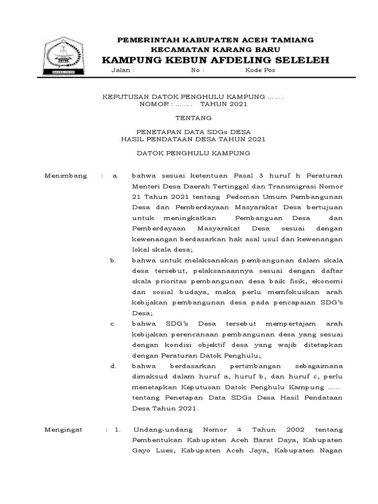 Contoh SK KADES PENETAPAN HASIL PENDATAAN SDGs DESA 2021 | PDF