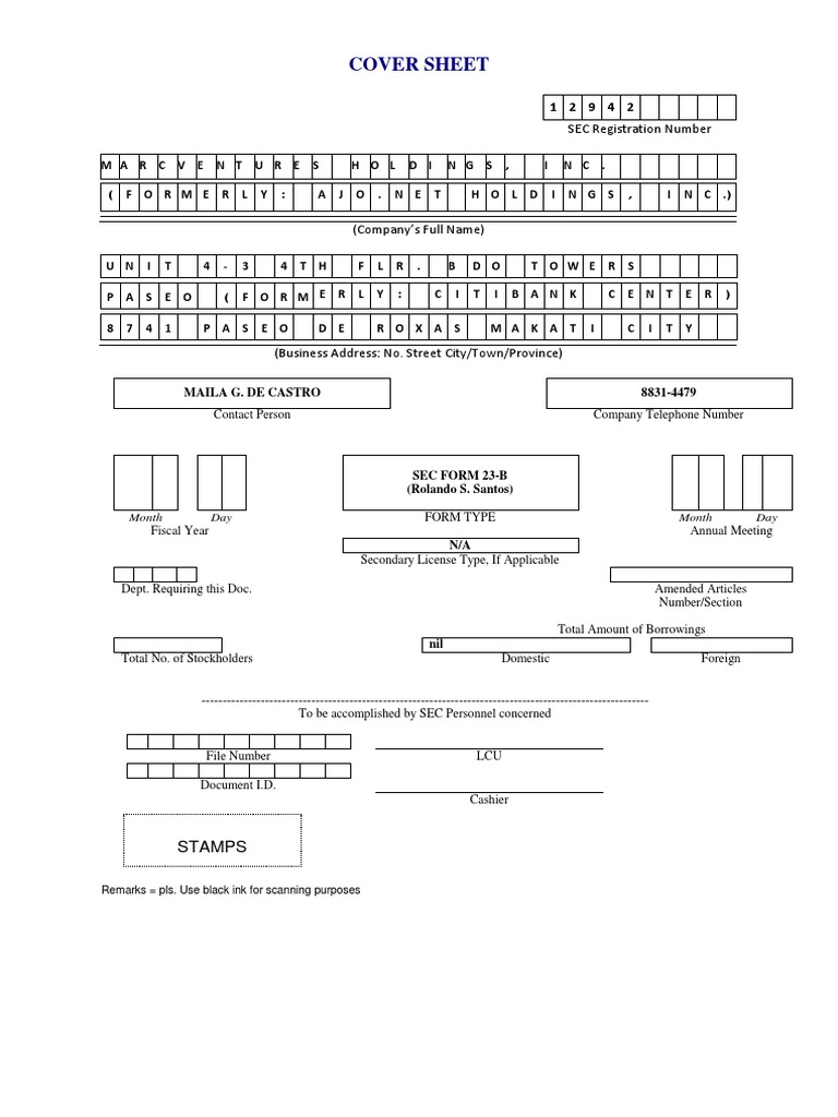 SEC Registration Cover Sheet for Marc Ventures | PDF | Government