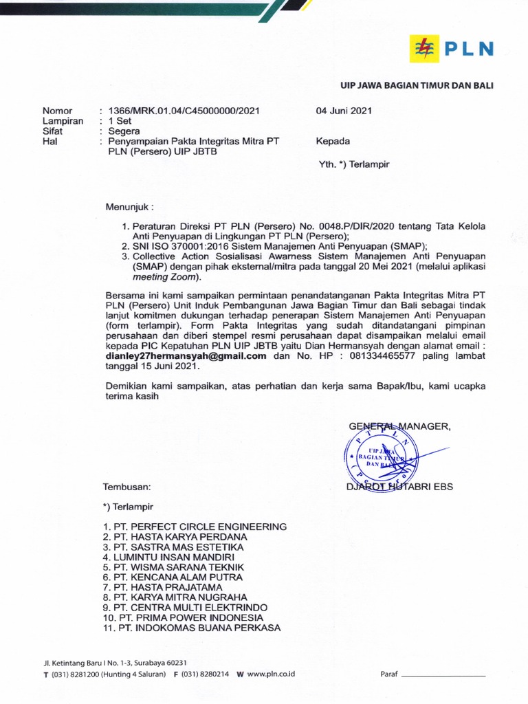 Surat PLN No. 1366-Penyampaian Pakta Integritas Mitra PLN Uip JBTB | PDF