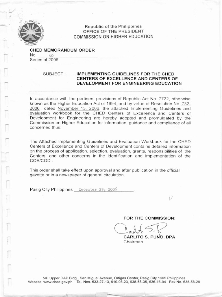 CMO 60 s2006 - Implemeting Guidelines For The CHED CoE and CoD For ...