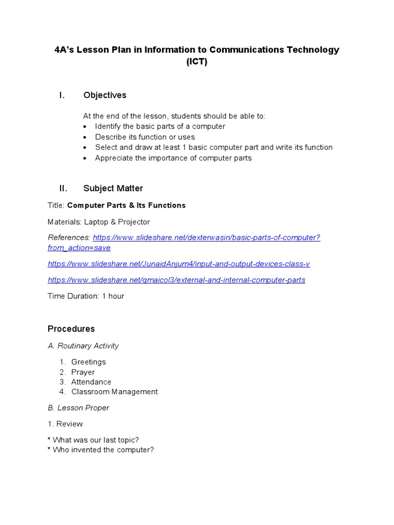 I. Objectives: 4a's Lesson Plan in Information To Communications ...