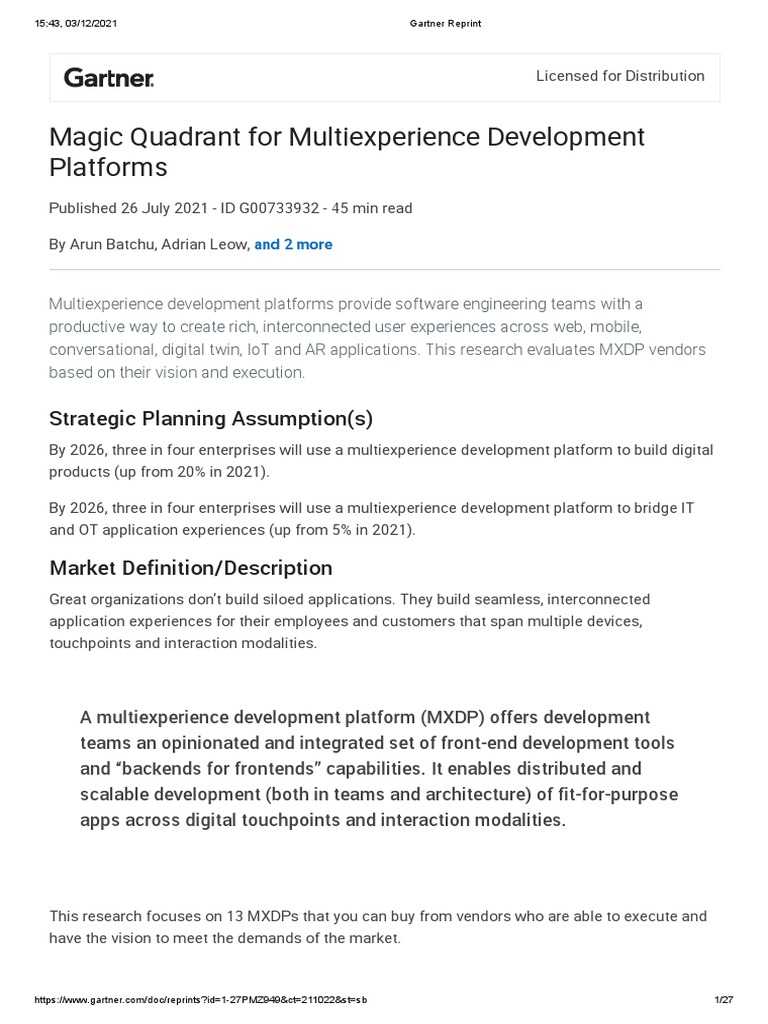 Magic Quadrant For Multiexperience Development Platforms | PDF | Mobile App | Internet Of Things