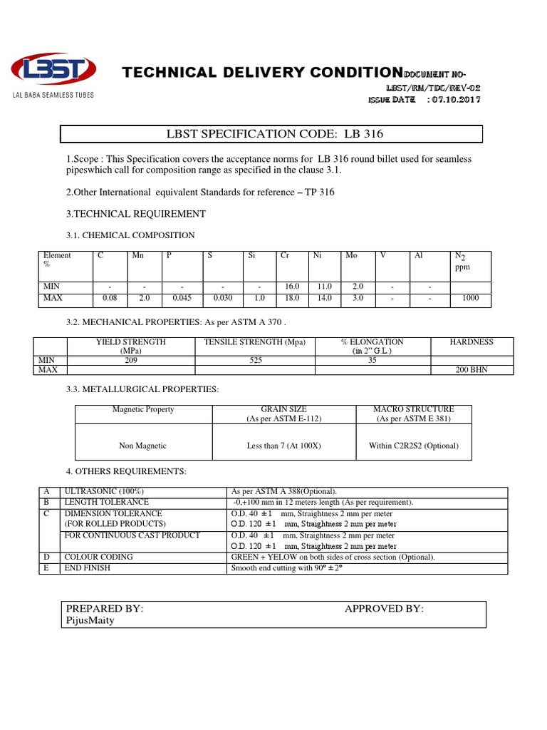 Technical Delivery Condition: LBST Specification Code: LB 316 | PDF ...