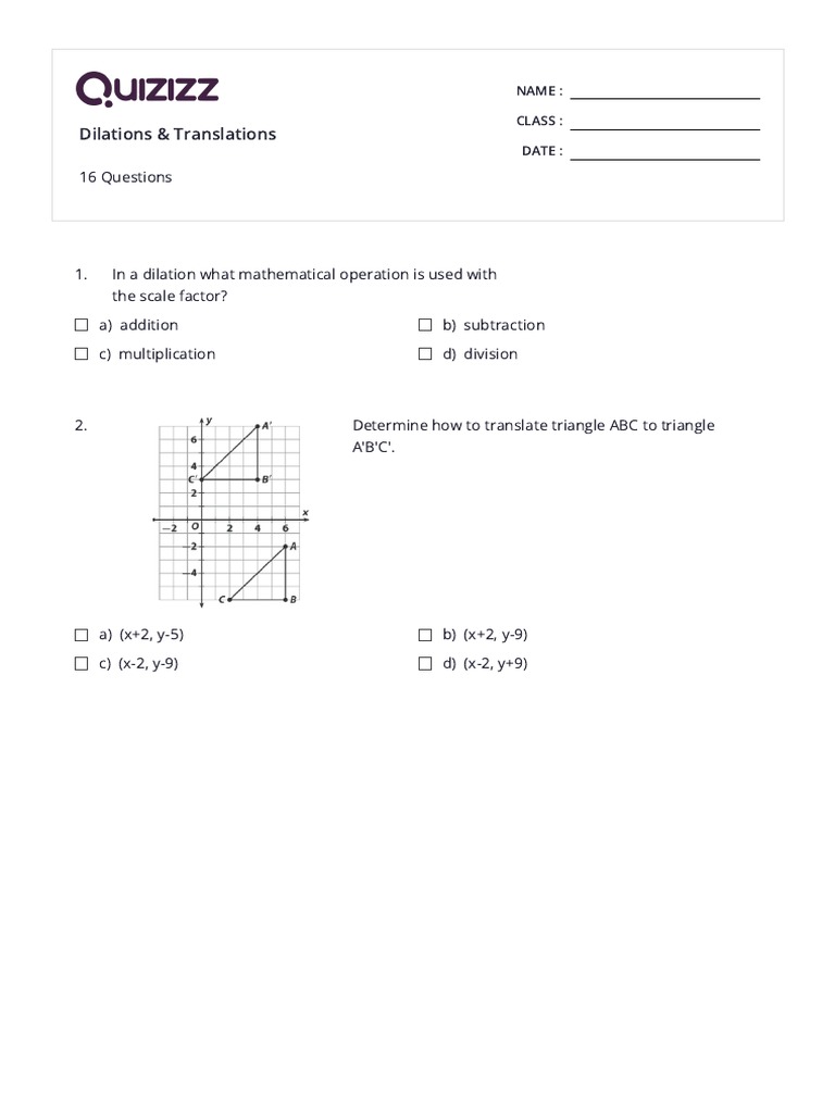 Dilations and Translations Quiz | PDF | Euclidean Geometry | Elementary ...