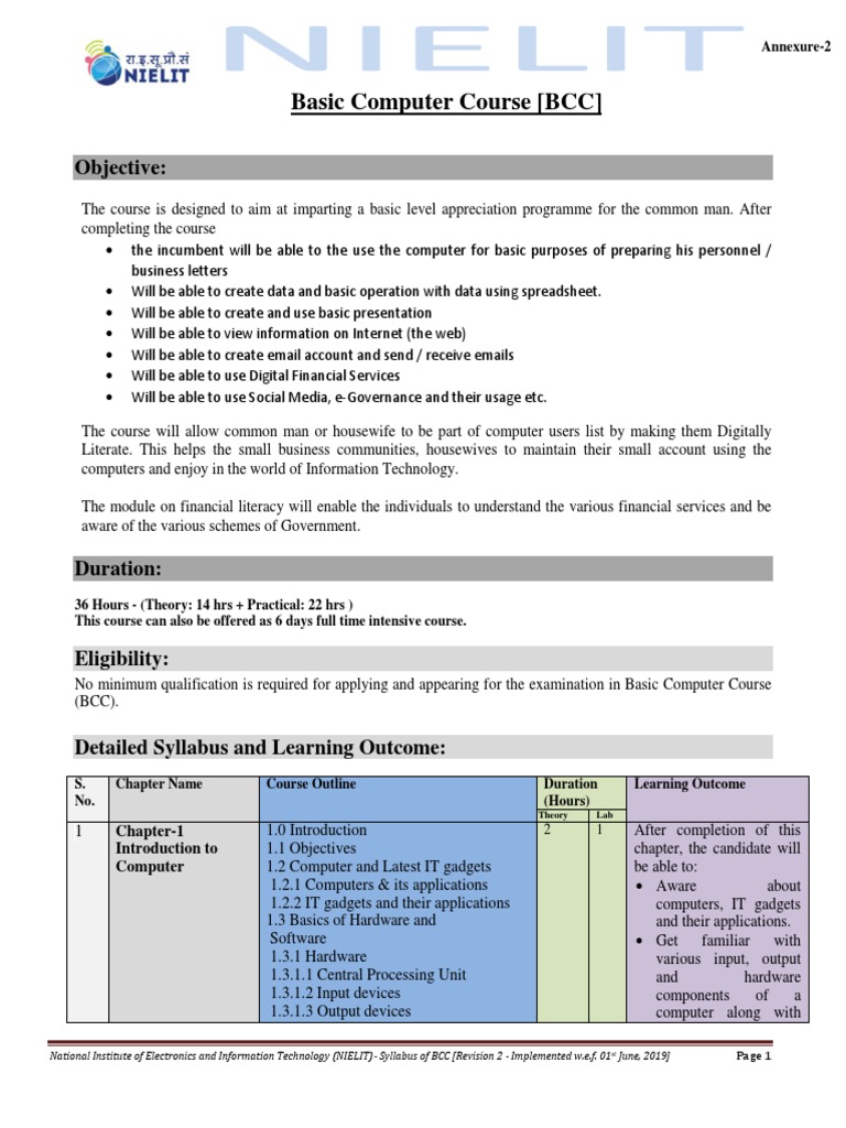 Basic Computer Course (BCC) : Objective | PDF