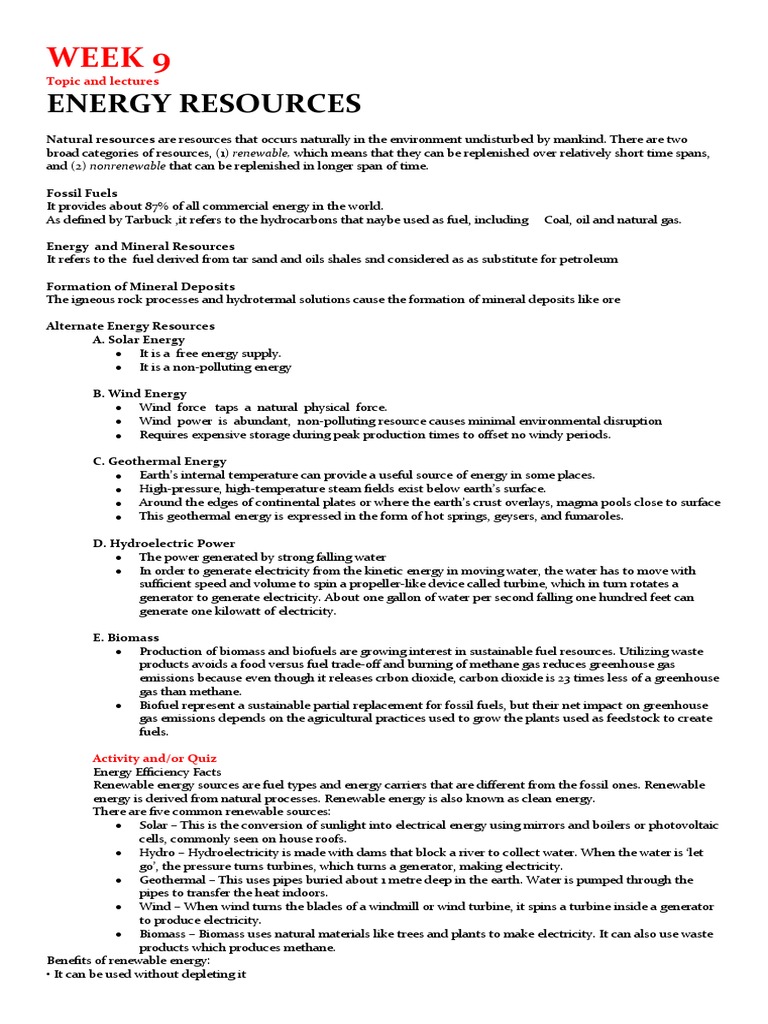 Week 9 Energy Resources | PDF | Renewable Energy | Biomass