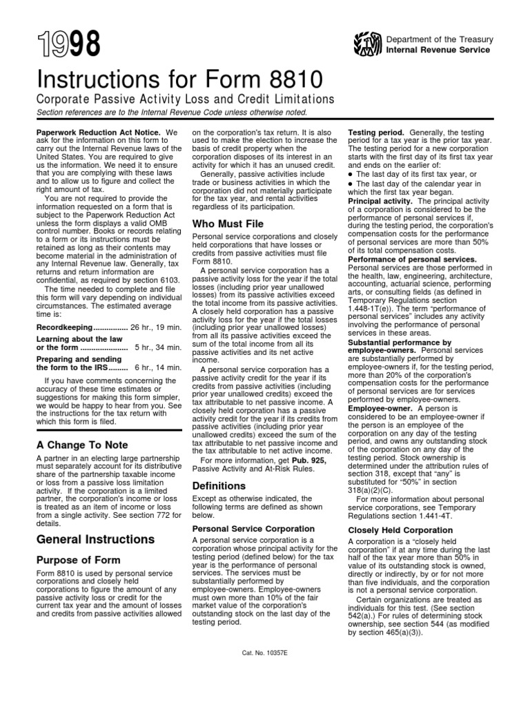Instructions For Form 8810: Corporate Passive Activity Loss and Credit ...