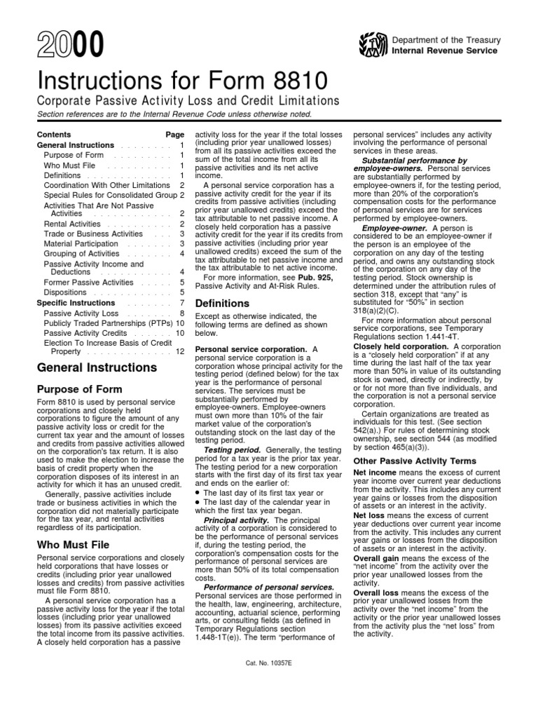 Instructions For Form 8810: Corporate Passive Activity Loss and Credit ...