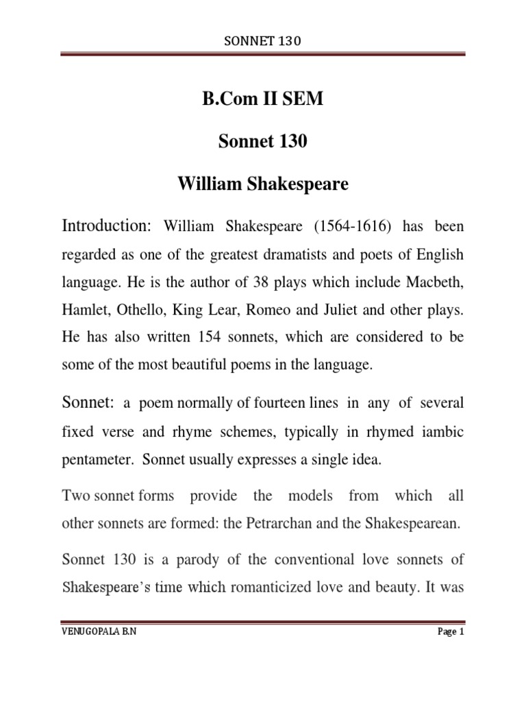 Sonnet 130 William Shakespeare | PDF | Rhetoric | British Poems