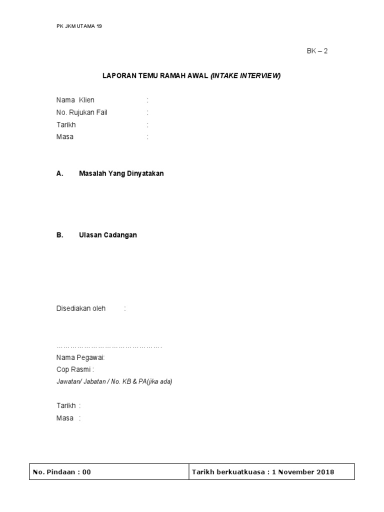 (BK-2) Borang Laporan Temu Ramah Awal (Intake Interview) | PDF