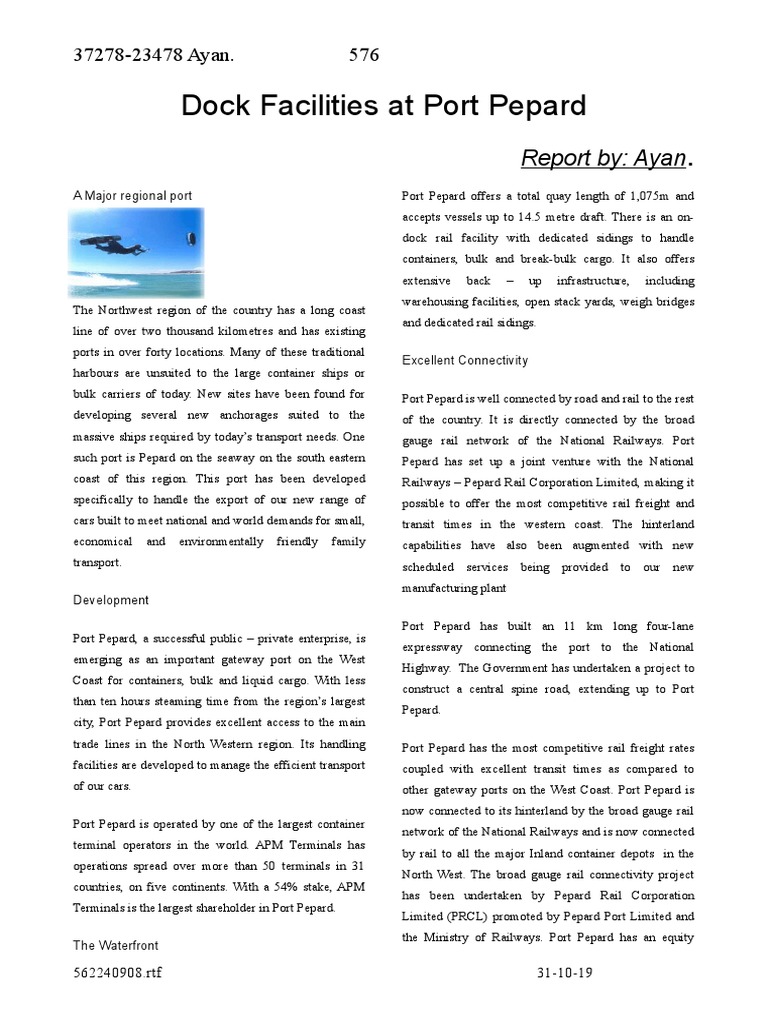 Dock Facilities at Port Pepard .: Report By: Ayan | PDF | Port | Rail ...