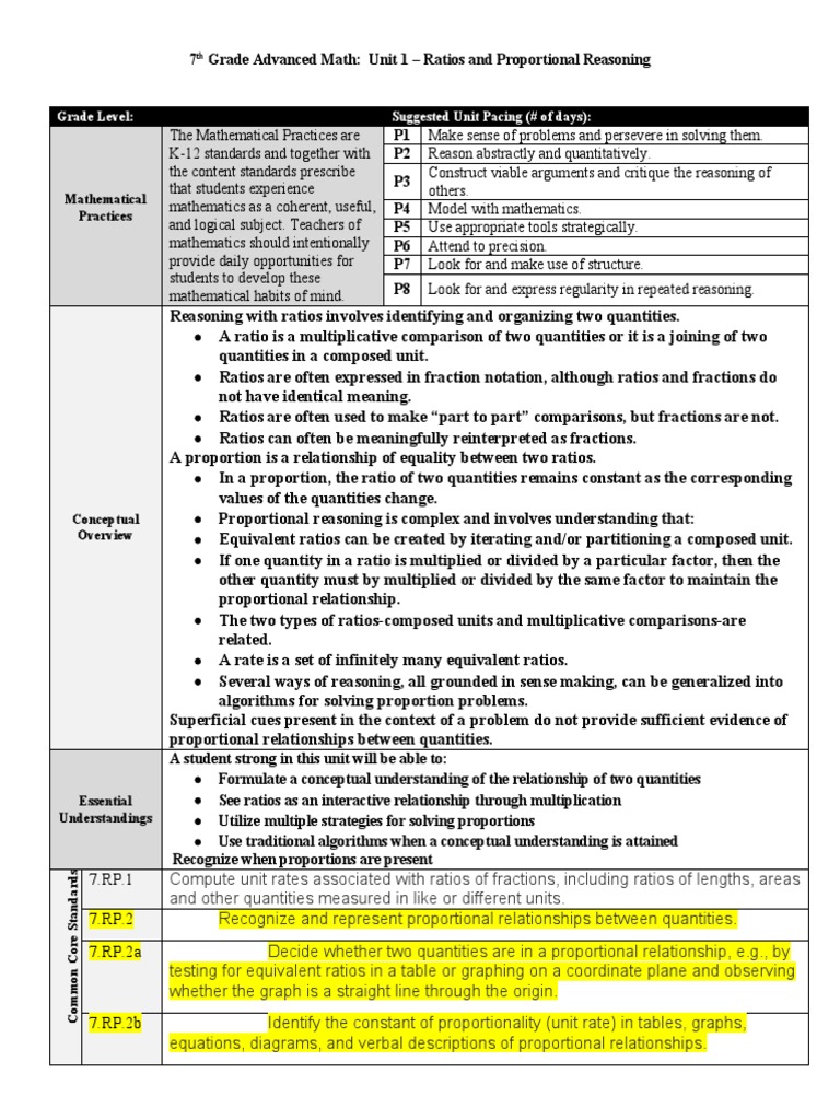 7th Advanced Math Unit 1 - Ratios and Proportional Reasoning | PDF ...