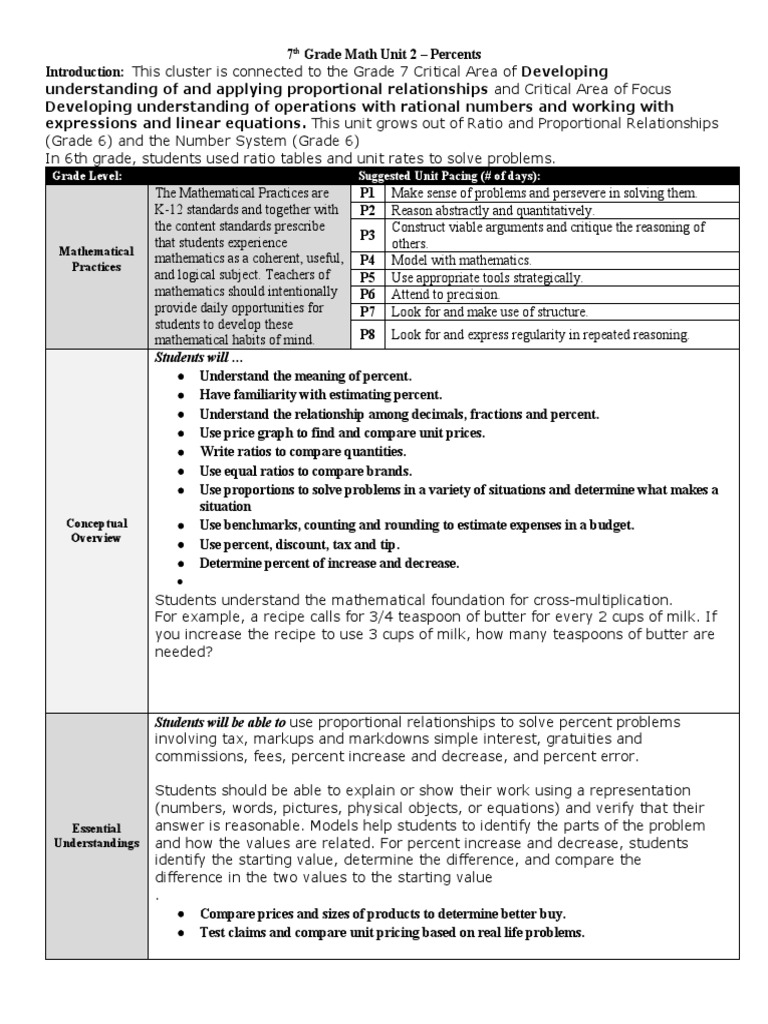 7th Math Unit 2 Percents | Download Free PDF | Mathematics | Ratio