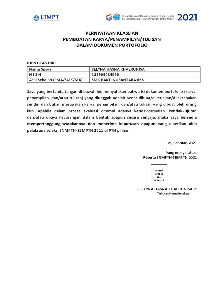 02 SRDSKR - 00 Template Pernyataan Peserta 2021 | PDF