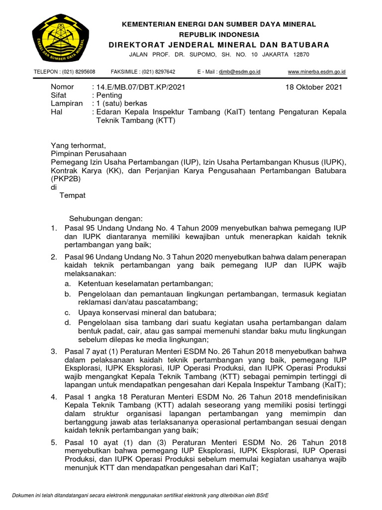 Edaran KaIT Tentang Pengaturan KTT - IUP, IUPK, KK Dan PKP2B | PDF