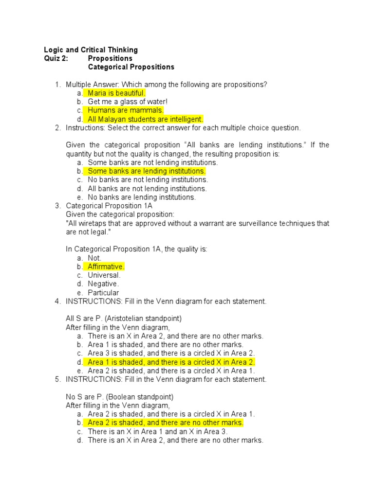 Logic and Critical Thinking - Quiz 2 | PDF | Logic | Logical Expressions