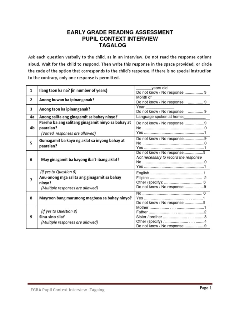 TAGALOG Pupil Context Interview | PDF | Tagalog Language | Cultural ...