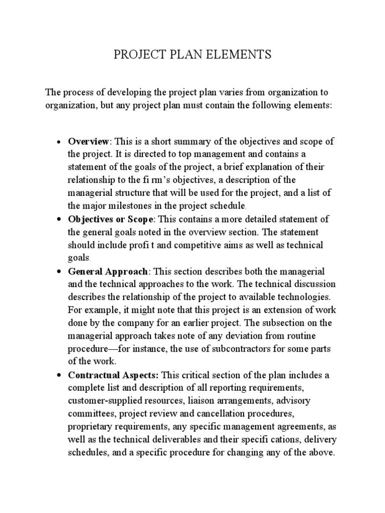 Project Plan Elements: Overview: This Is A Short Summary of The ...