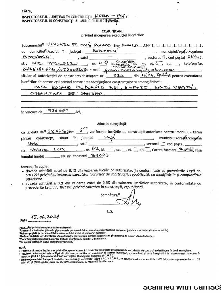 Comunicare Incepere+Autorizatie Construire Nr.232 - 15.04.2021 | PDF