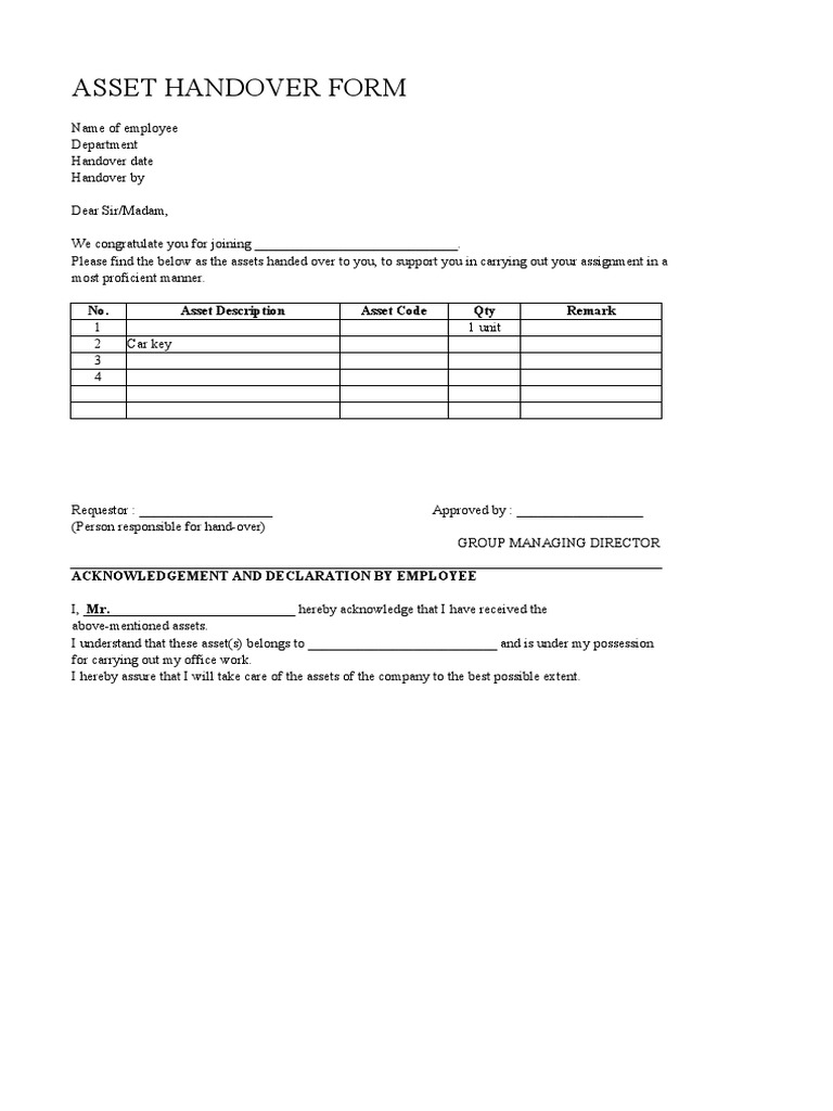 Asset Handover Form: No. Asset Description Asset Code Qty Remark | PDF