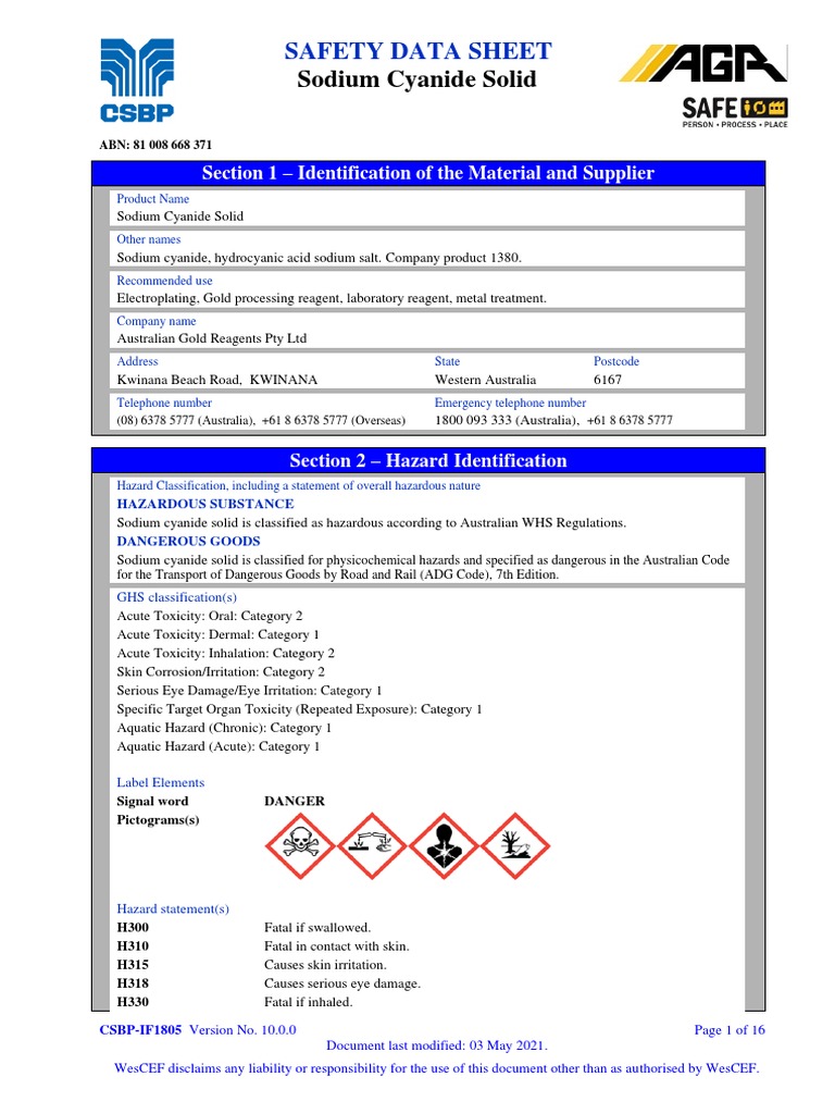 Sodium Cyanide Solid: Safety Data Sheet | PDF | Toxicity | Cyanide