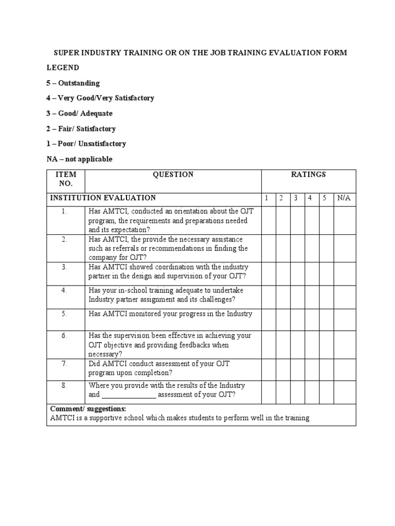 SUPER INDUSTRY TRAINING OR ON THE JOB TRAINING EVALUATION FORM ...