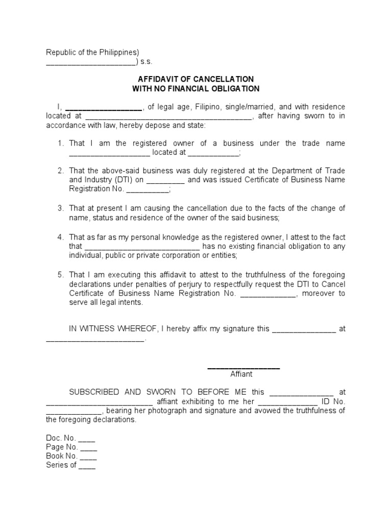 Affidavit of Cancellation With No Financial Obligations For DTI | PDF