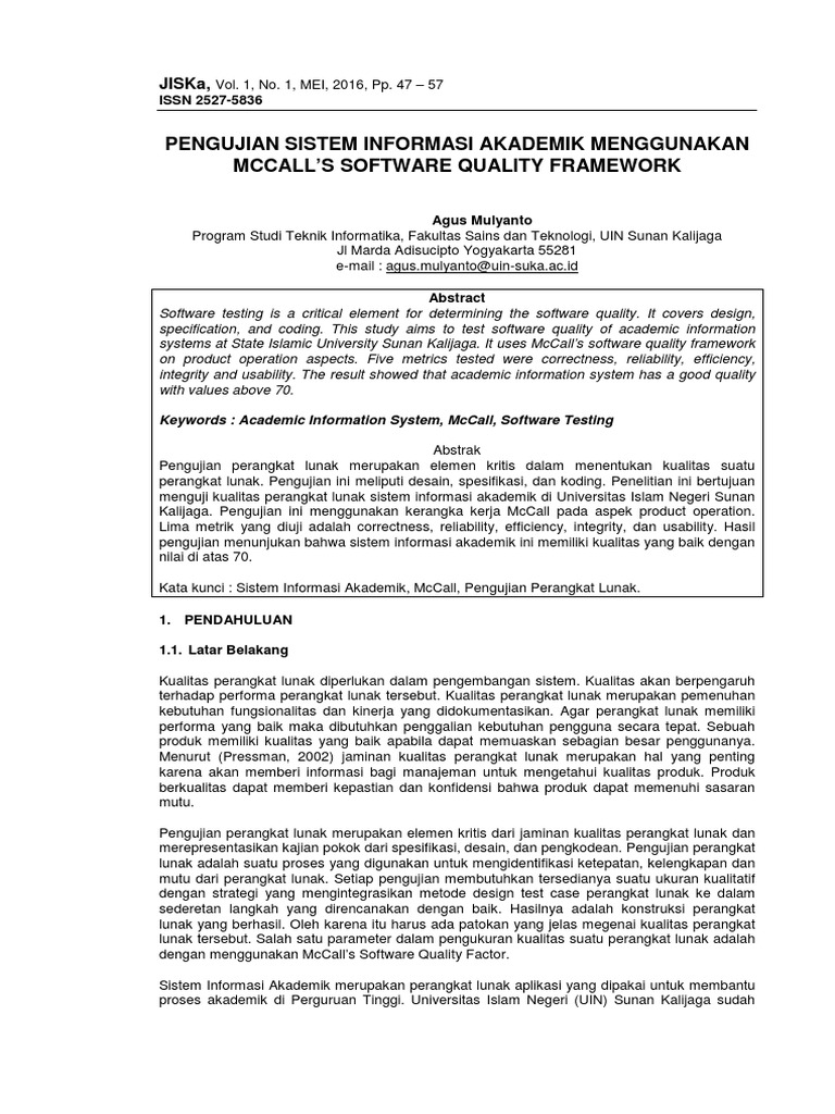 Agus Mulyanto - Pengujian Sistem Informasi Akademik Menggunakan Mccall's Software Quality ...