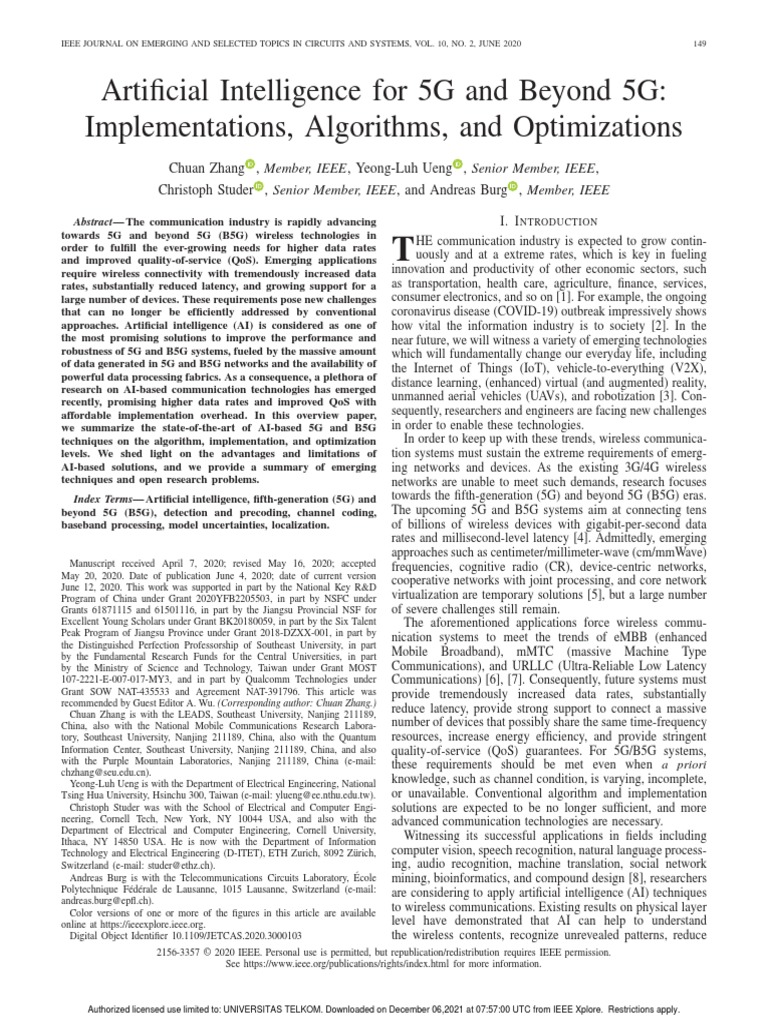 Artificial Intelligence For 5G and Beyond 5G: Implementations, Algorithms, and Optimizations ...